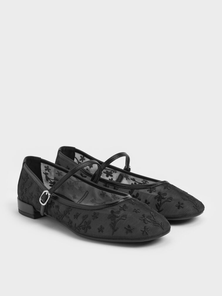Black2 Gertrude Mesh Embroidered Floral Mary Janes - Black2 - Shoes ...