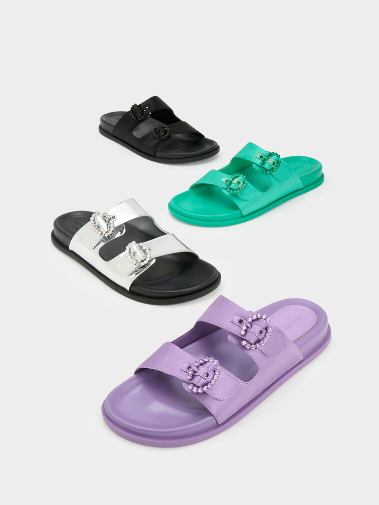 Turquoise Reycled Polyester Embellished Buckle Sandals - Turquoise ...