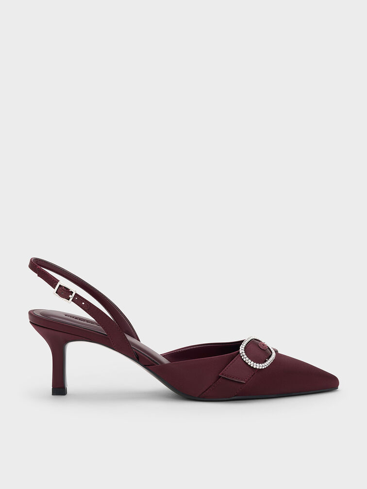 Burgundy Jannie Recycled Polyester Crystal-Buckle Slingback Pumps ...