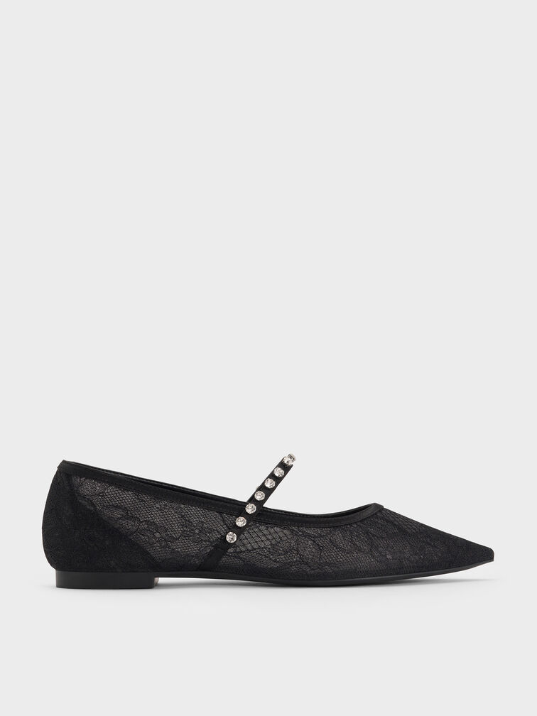 Black Textured Lace & Satin Crystal Mary Jane Flats - Black Textured ...