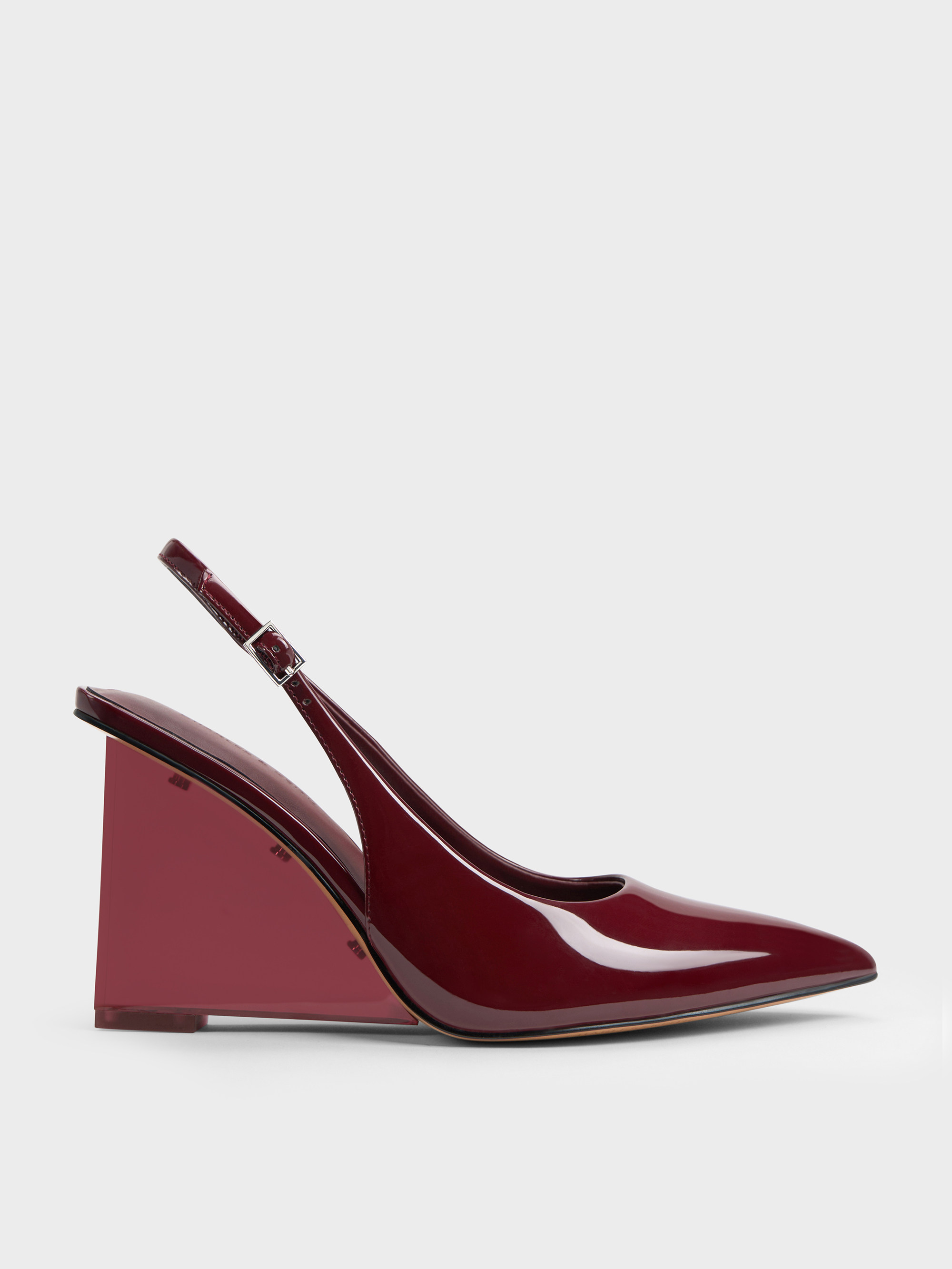 Burgundy Patent Translucent-Heel Slingback Wedges - Burgundy - CHARLES ...